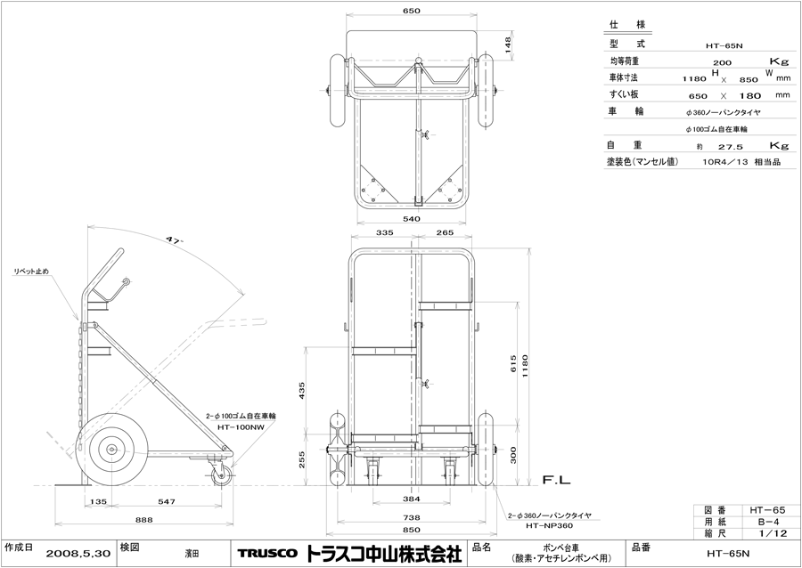 おすすめネット トラスコ中山 株 TRUSCO ボンベ台車 四輪安定型 酸素 アセチレンボンベ二本積用 HT-65N 期間限定 ポイント10倍 kids-nurie.com